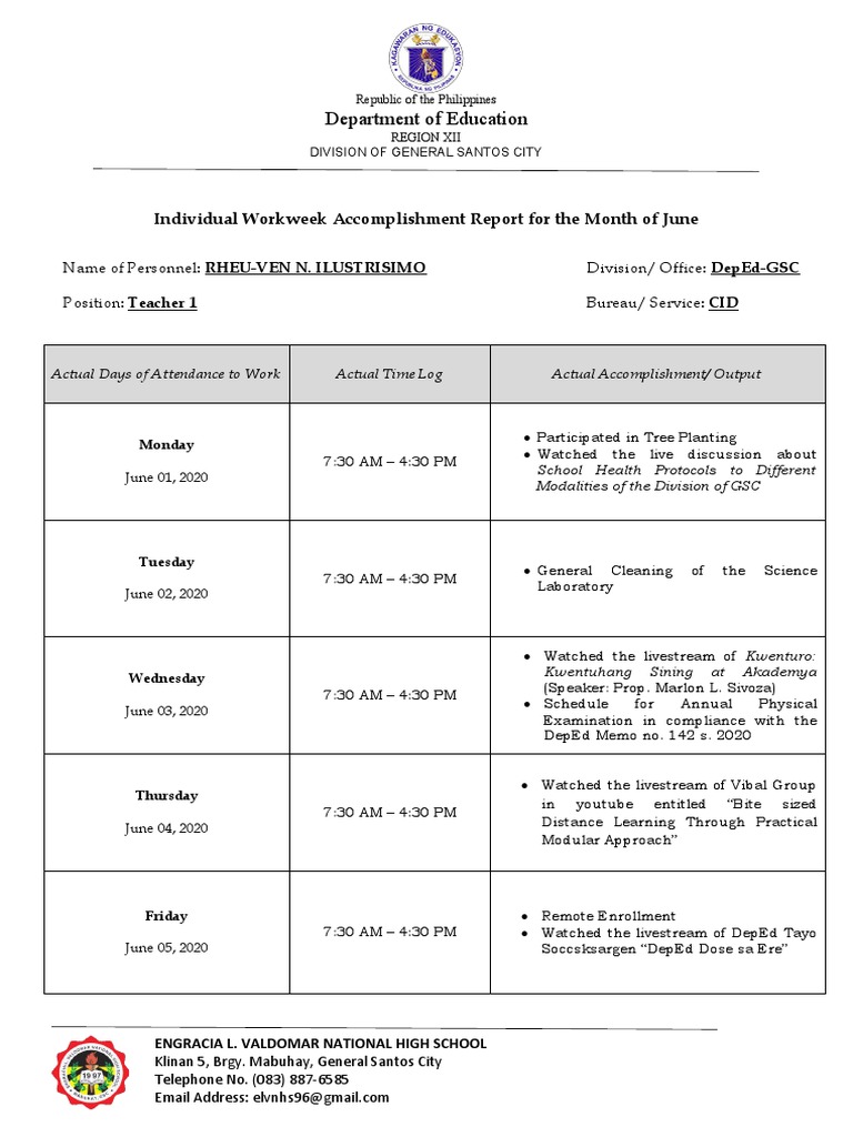 Department of Education: Individual Workweek Accomplishment Report For ...