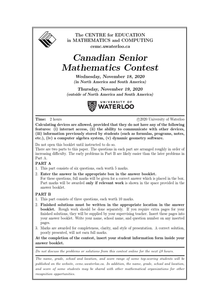 Canadian Senior Mathematics Contest: The Centre For Education in ...