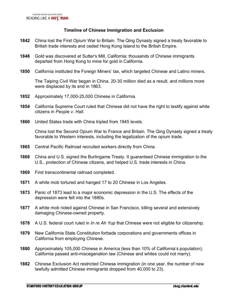 Chinese Immigration and Exclusion Timeline | PDF | Politics