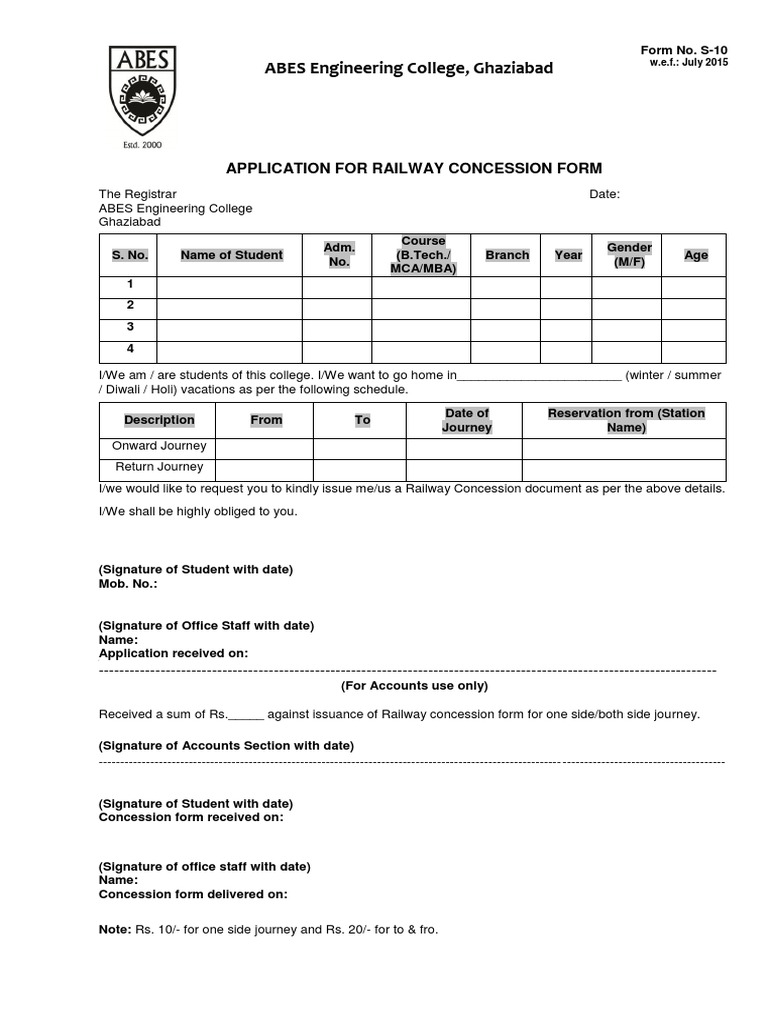 Railway Concession Application Form | PDF