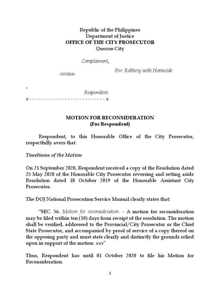 Motion For Reconsideration (Prosectuor) | Download Free PDF | Probable Cause | Prosecutor