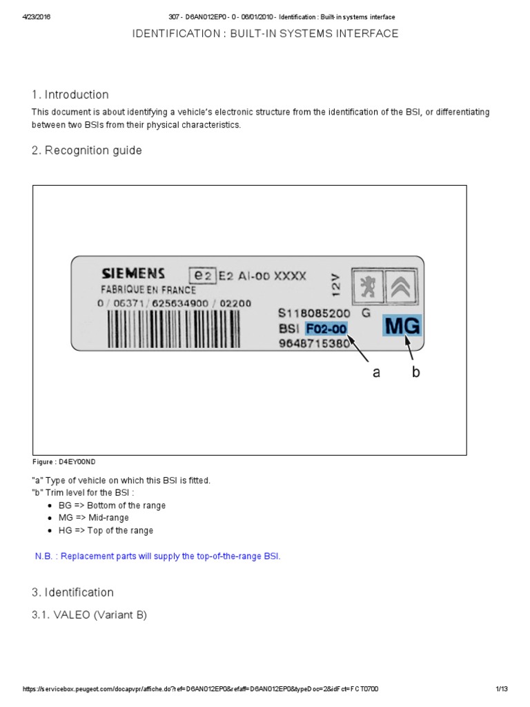 Identification: Built-In Systems Interface: N.B.: Replacement Parts ...
