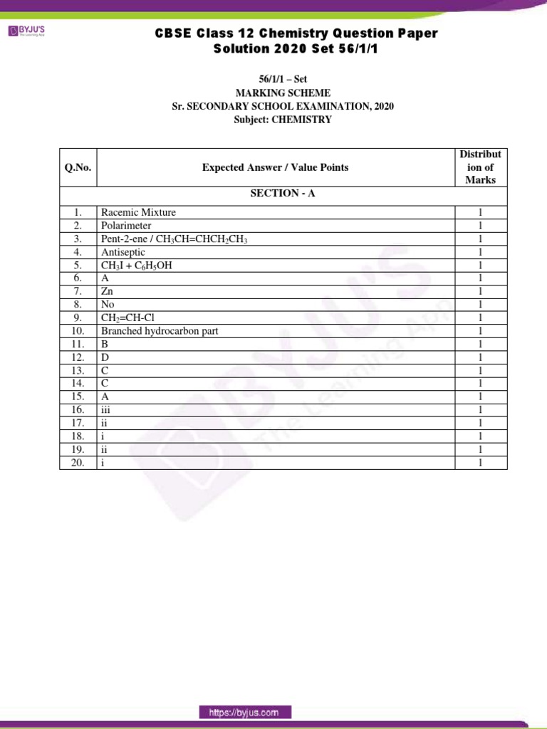 CBSE Class 12 Chemistry Question Paper Solution 2020 Set 56 1 1 | PDF ...