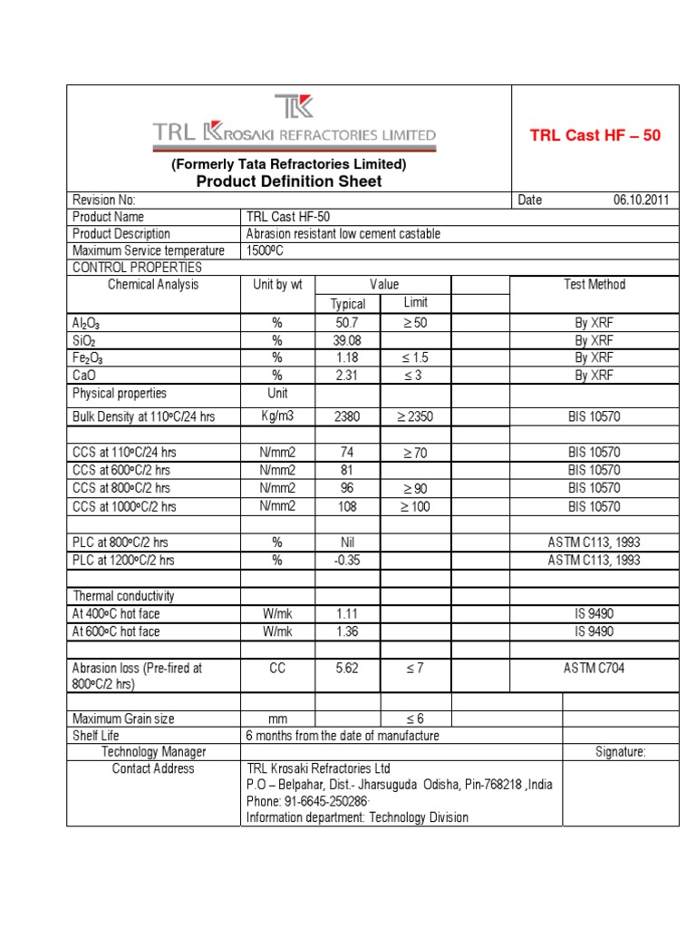 Data Sheet TRL Cast HF-50 | Download Free PDF | Refractory | Materials ...