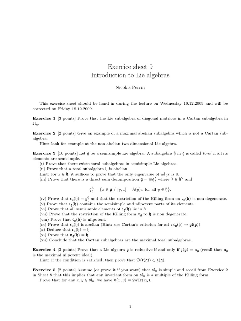 Exercice Sheet 9 Introduction To Lie Algebras: Nicolas Perrin | PDF ...