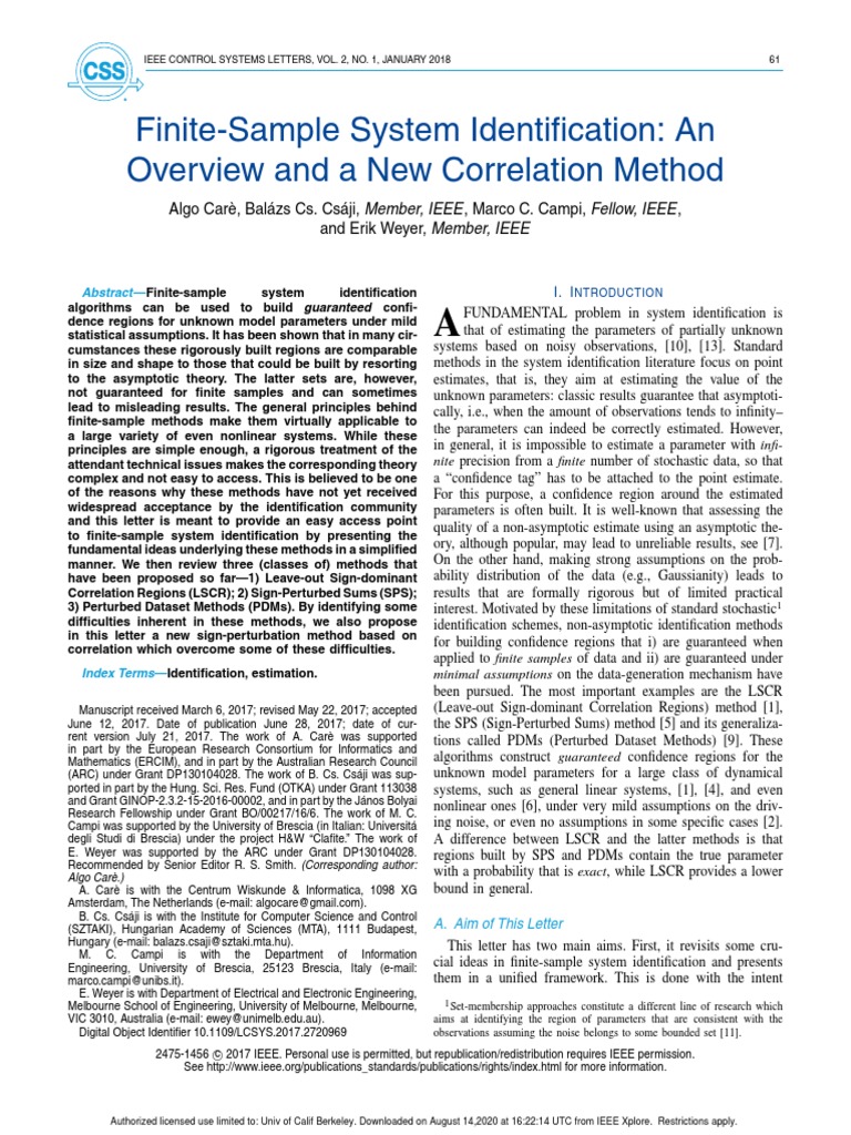 Carè Et Al. - 2018 - Finite-Sample System Identification An Overview A | PDF | Confidence ...