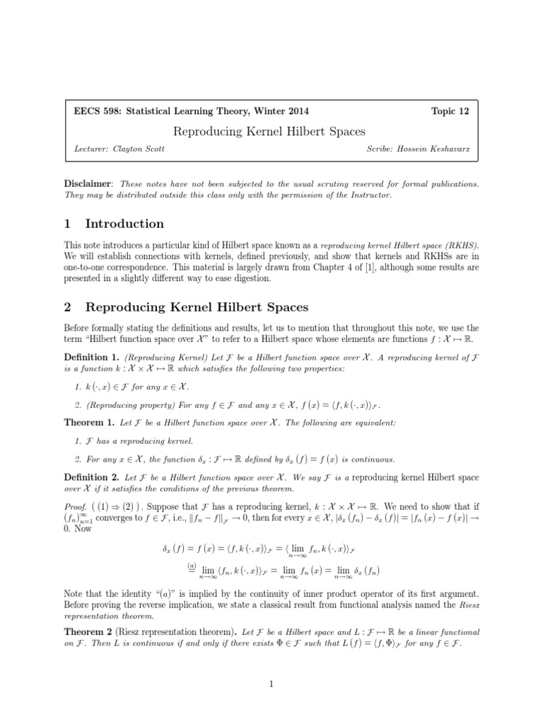 Reproducing Kernel Hilbert Spaces | PDF | Hilbert Space | Functional Analysis