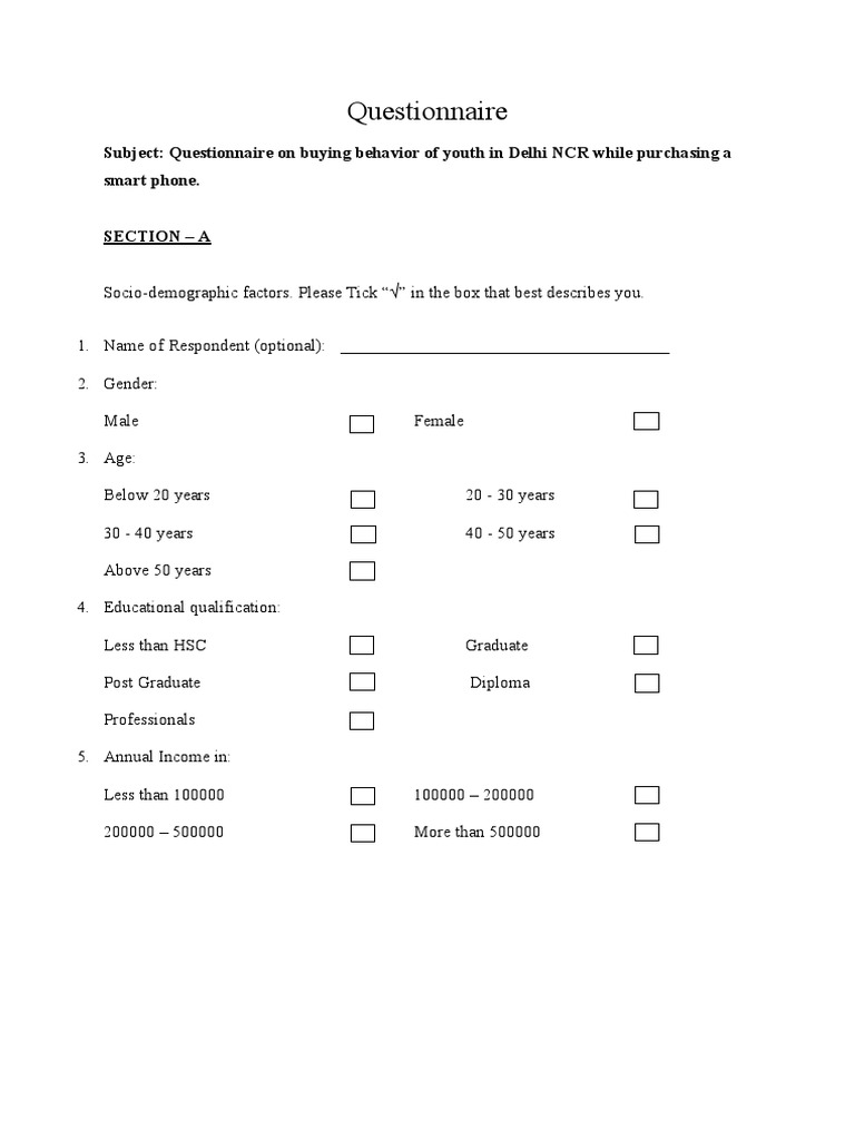 Questionnaire: Subject: Questionnaire On Buying Behavior of Youth in ...