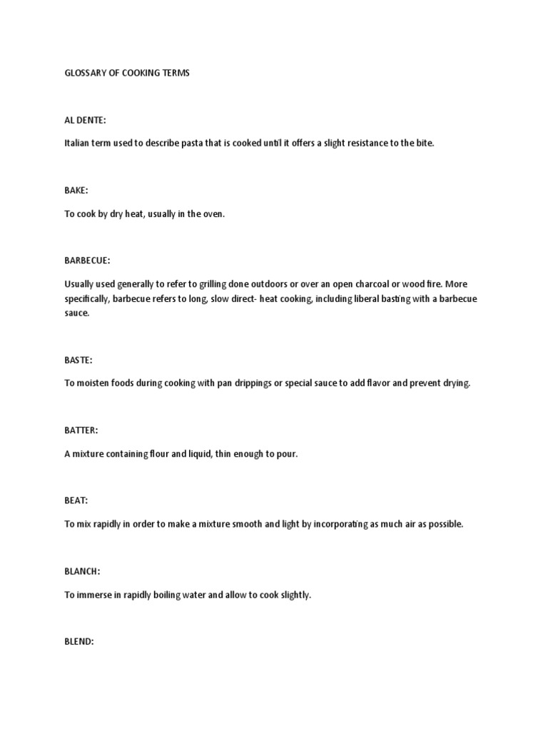 Glossary of Cookery Terms and Definitions | PDF | Grilling | Baking