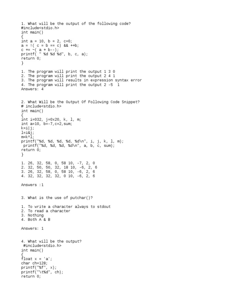 C code output and operators quiz answers | PDF | Computer Engineering | Computer Programming
