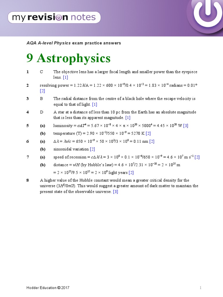 9 Astrophysics: AQA A-Level Physics Exam Practice Answers | PDF