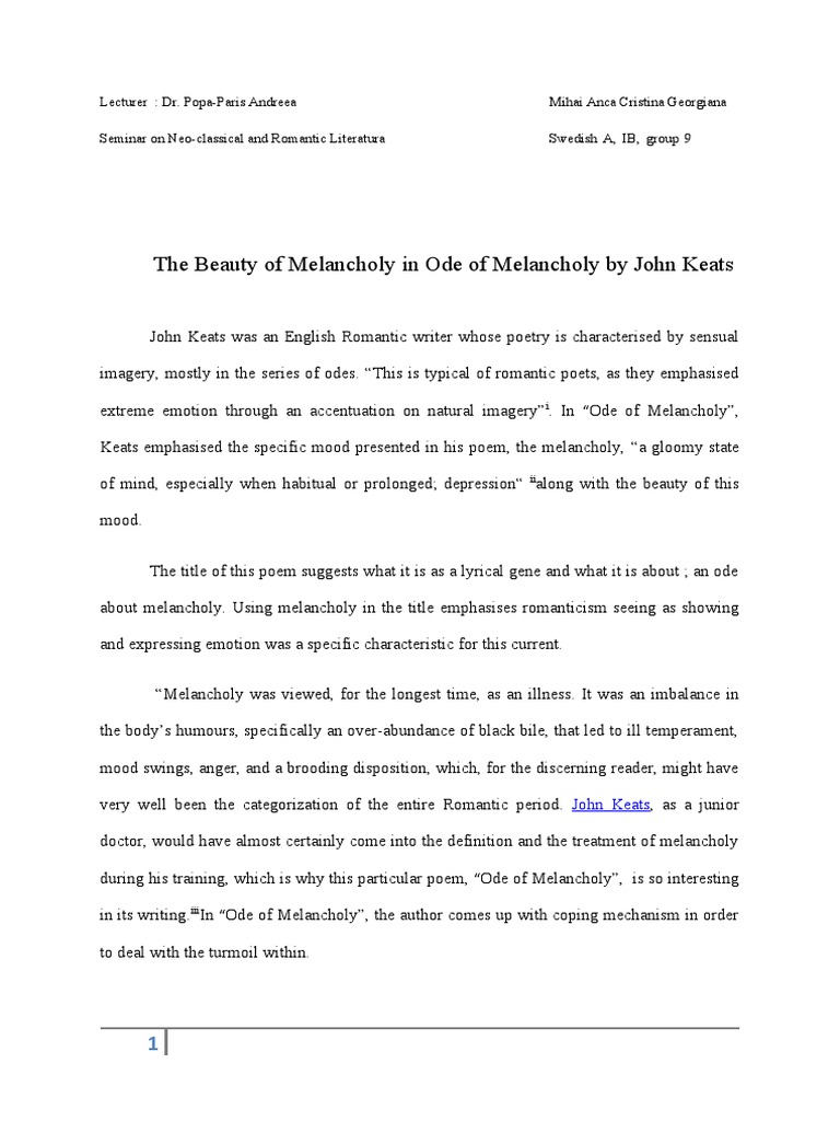 Ode On Melancholy | PDF | John Keats | Psychological Concepts