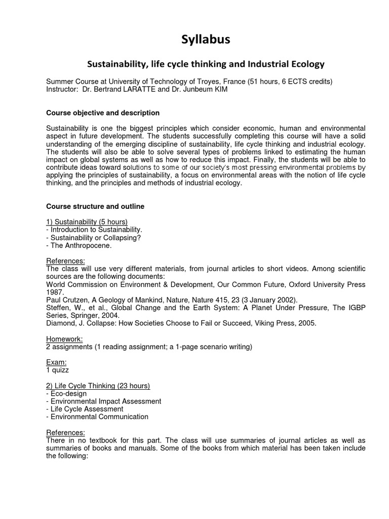 Syllabus Sustainability, Life Cycle Thinking, and Industrial Ecology ...