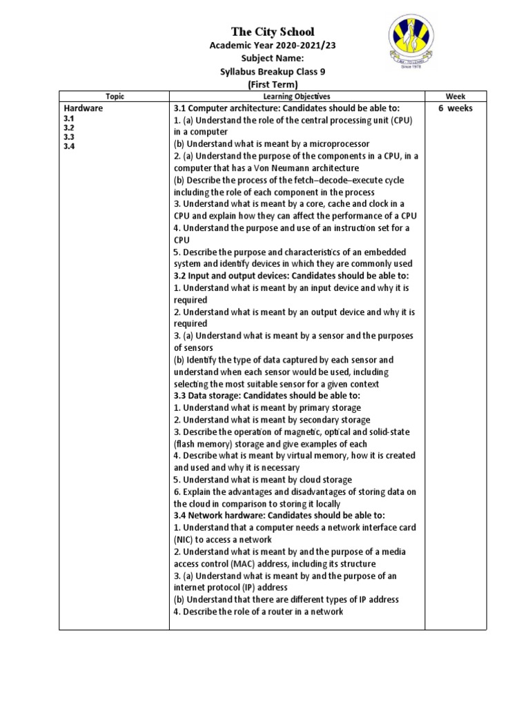 Computer Science 2210 Class 9 Revised Syllabus Break Up2020-21-23 | PDF | Central Processing ...
