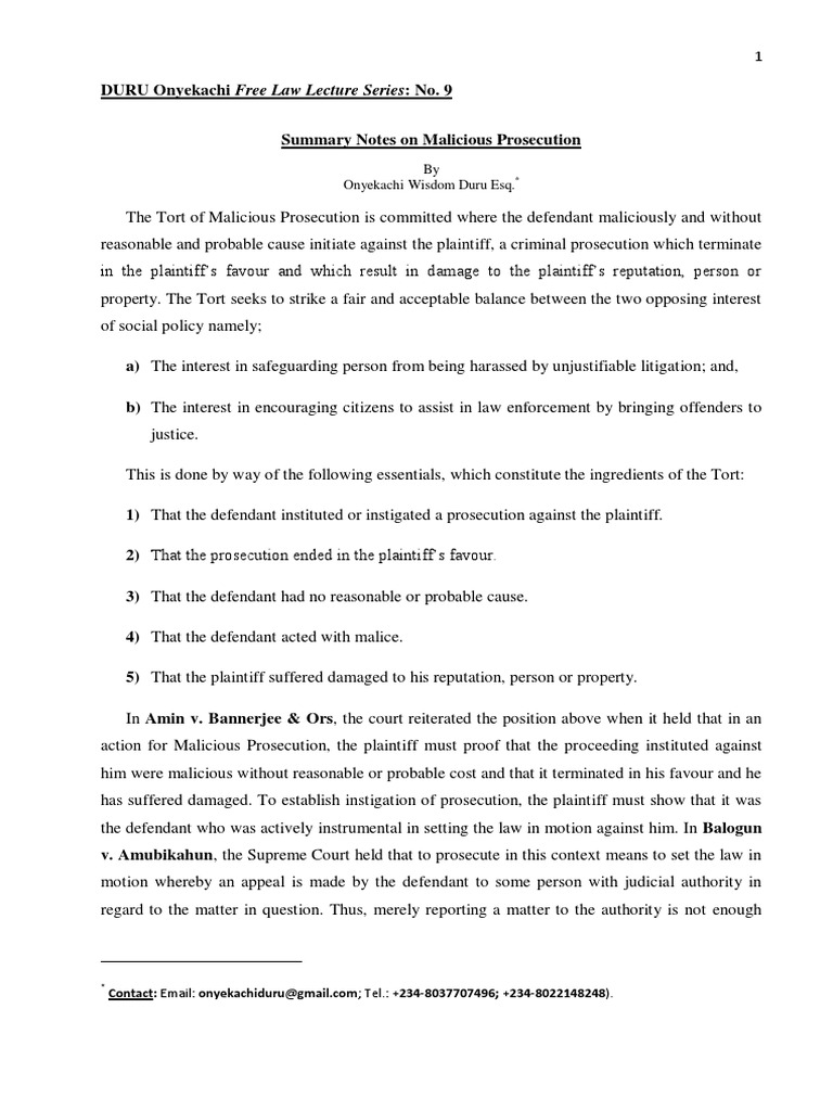 Summary Notes On Malicious Prosecution PDF | PDF | Malicious ...