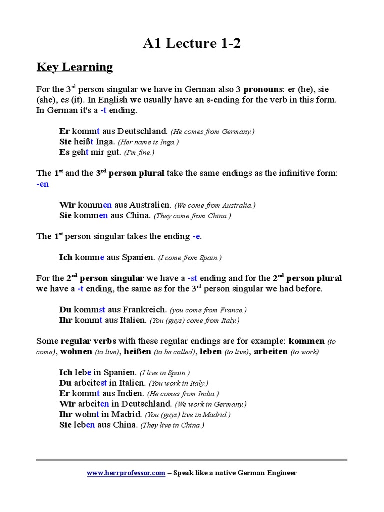A1 Lecture 1-2: Key Learning | PDF | Grammatical Gender | Languages