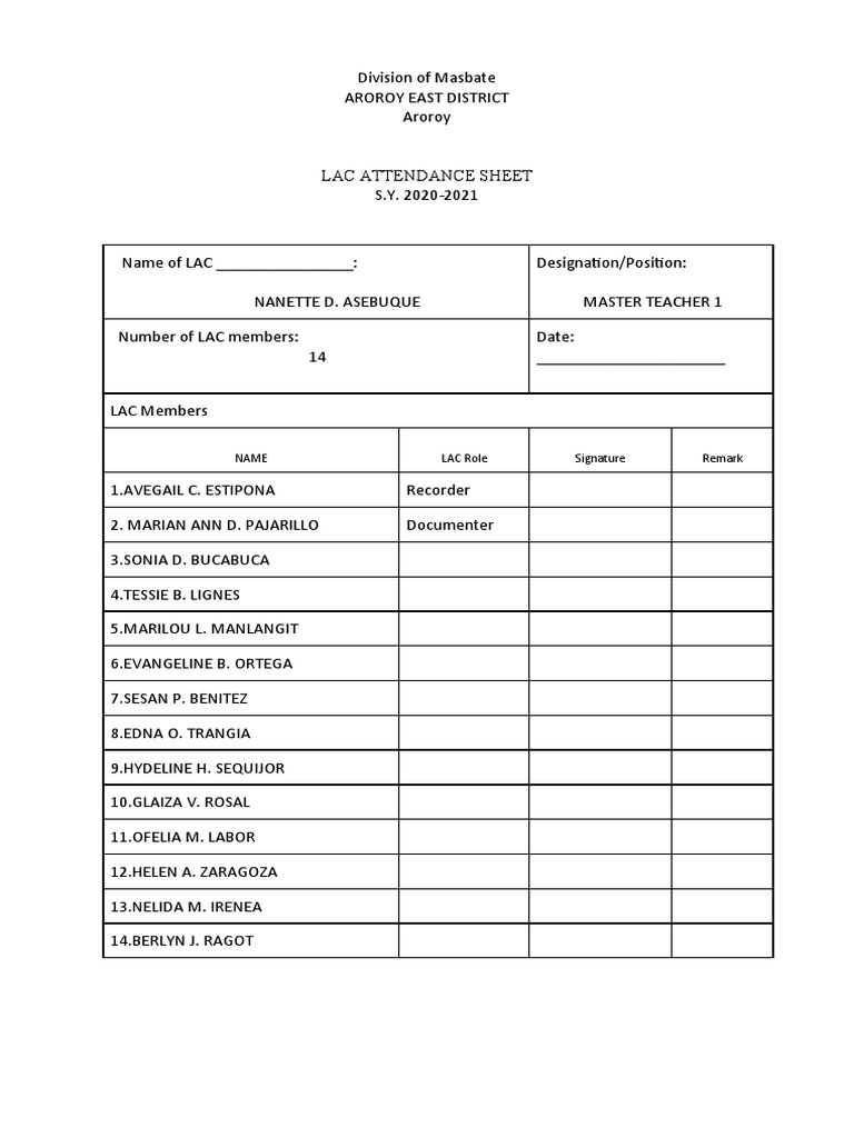 LAC Attendance Sheet | PDF