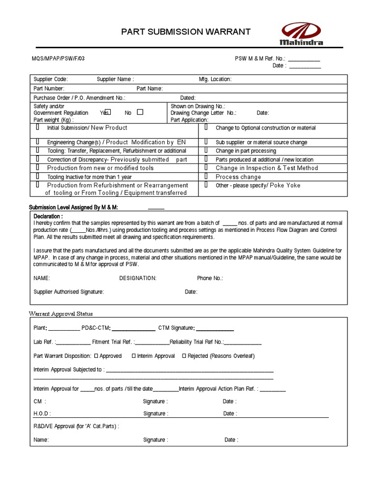 Part Submission Warrant | PDF | Specification (Technical Standard ...