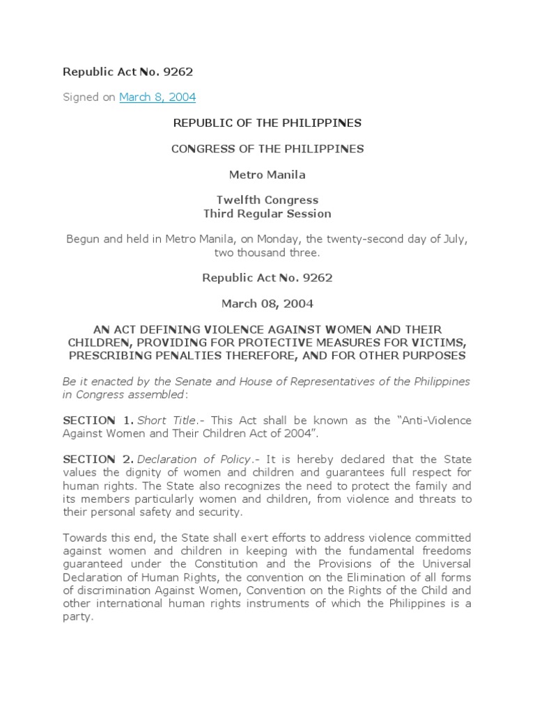 RA 9262 Anti VAWC | PDF | Restraining Order | Violence