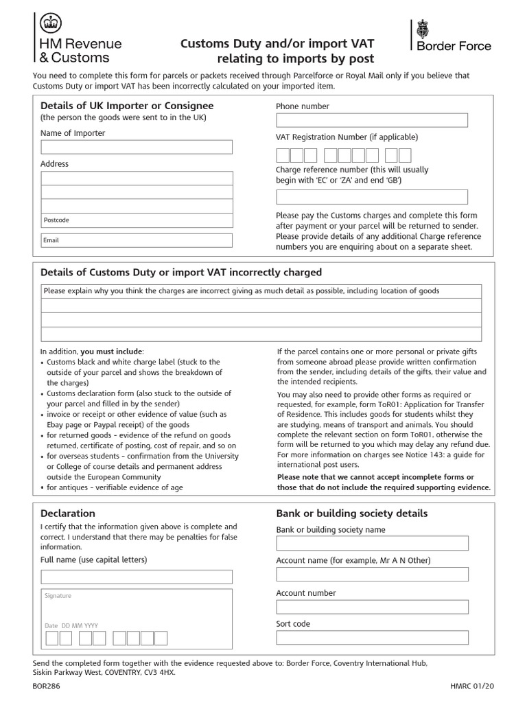 Customs Duty And/or Import VAT Relating To Imports by Post: Details of ...