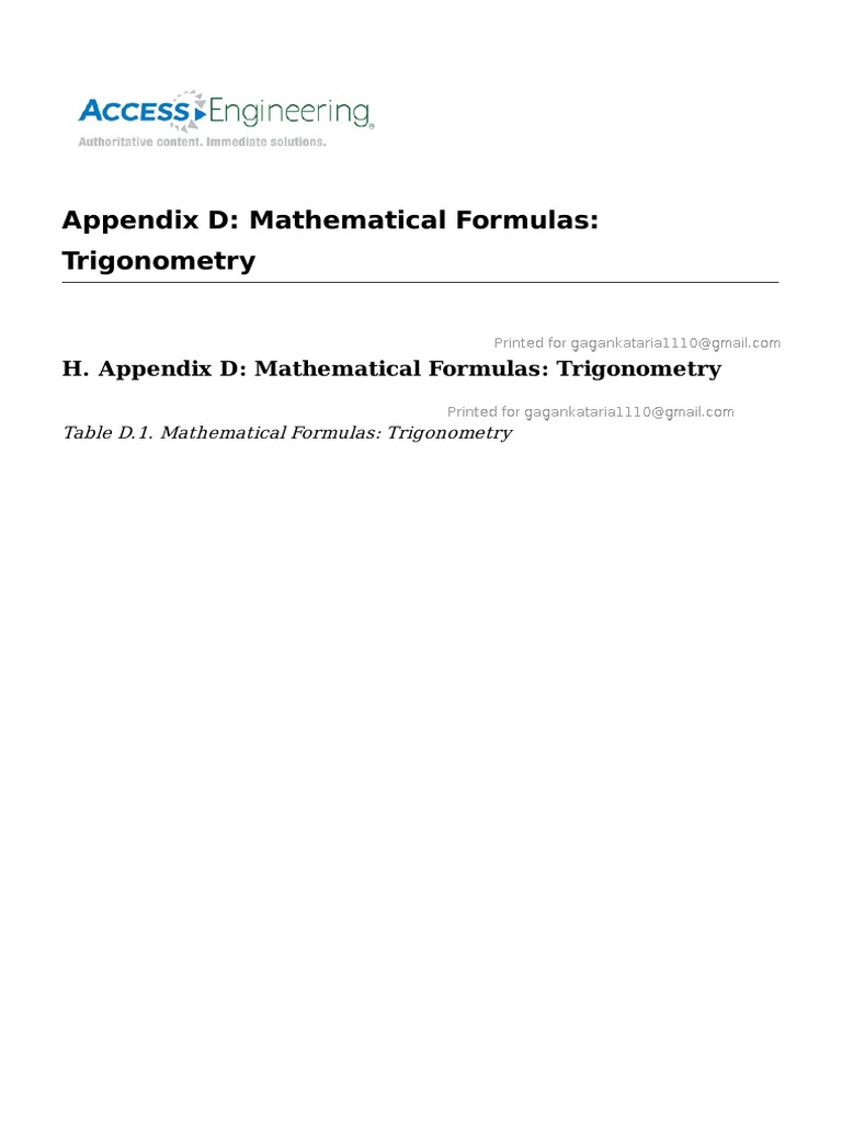 H. Appendix D: Mathematical Formulas: Trigonometry | PDF