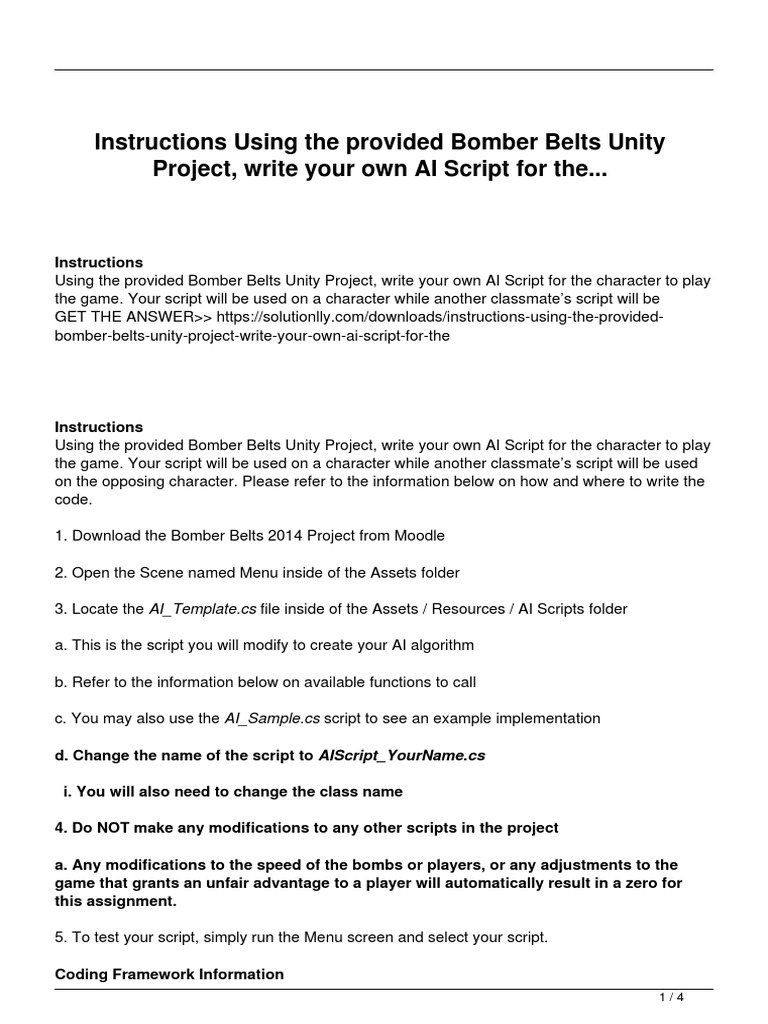 Instructions Using The Provided Bomber Belts Unity Project Write Your ...