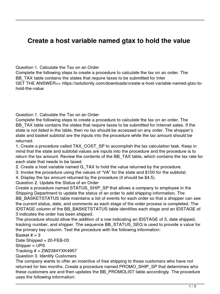 Create A Host Variable Named Gtax To Hold The Value PDF | PDF | Subroutine | Information ...