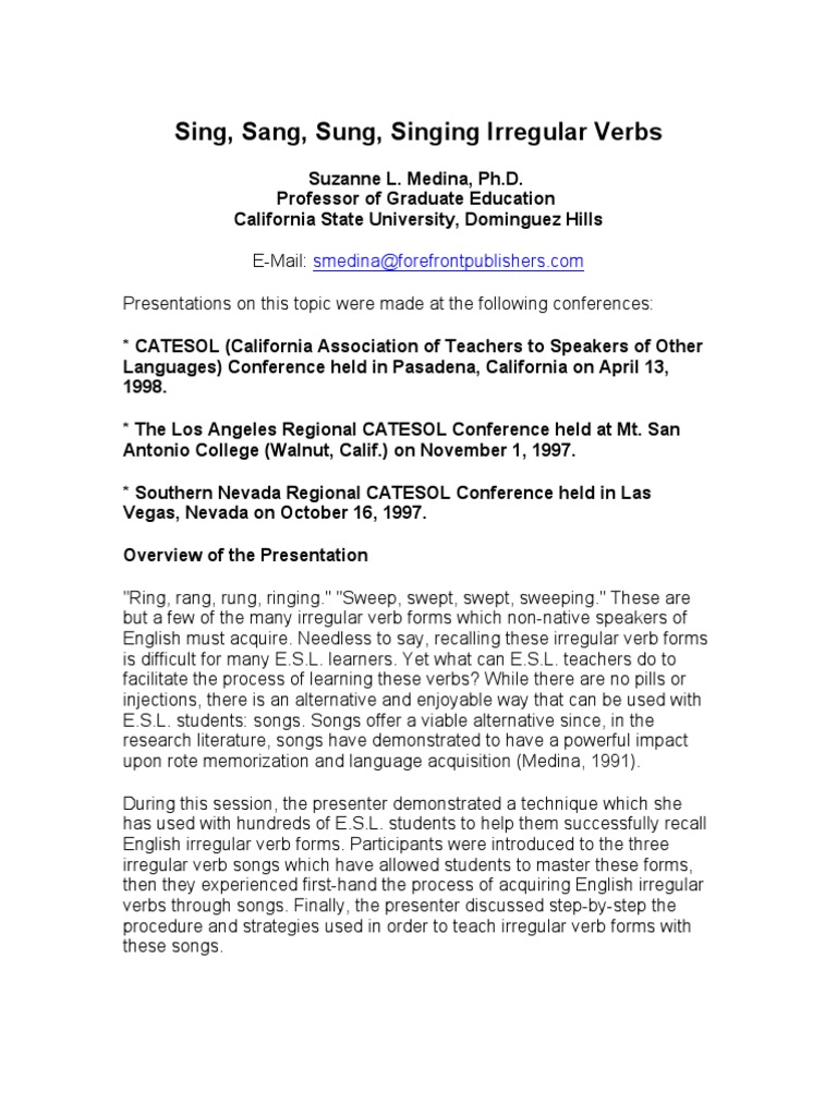 Sing, Sang, Sung, Singing Irregular Verbs | PDF | English Language ...