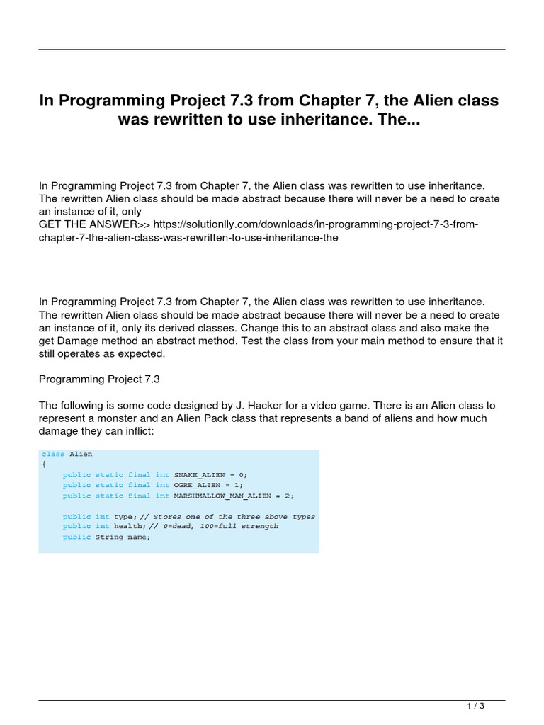 In Programming Project 7 3 From Chapter 7 The Alien Class Was Rewritten ...