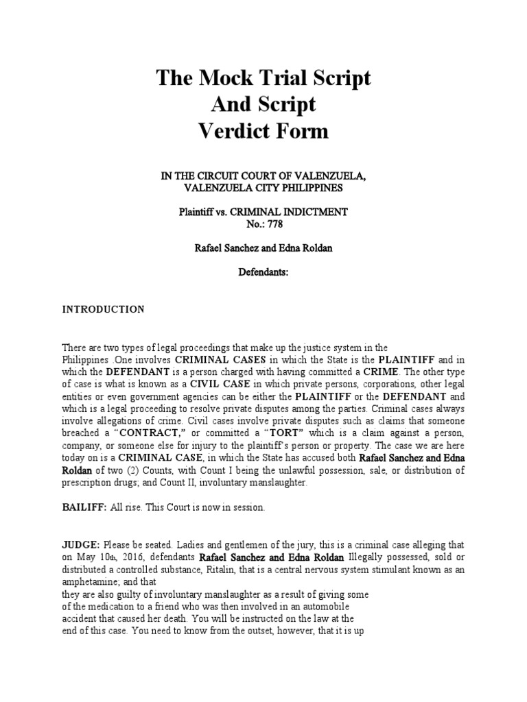 The Mock Trial Script and Script Verdict Form | PDF | Reasonable Doubt ...