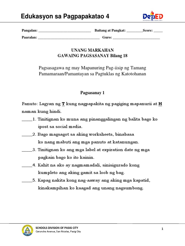 EsP 4 Q1 G.Pagsasanay 18 | PDF