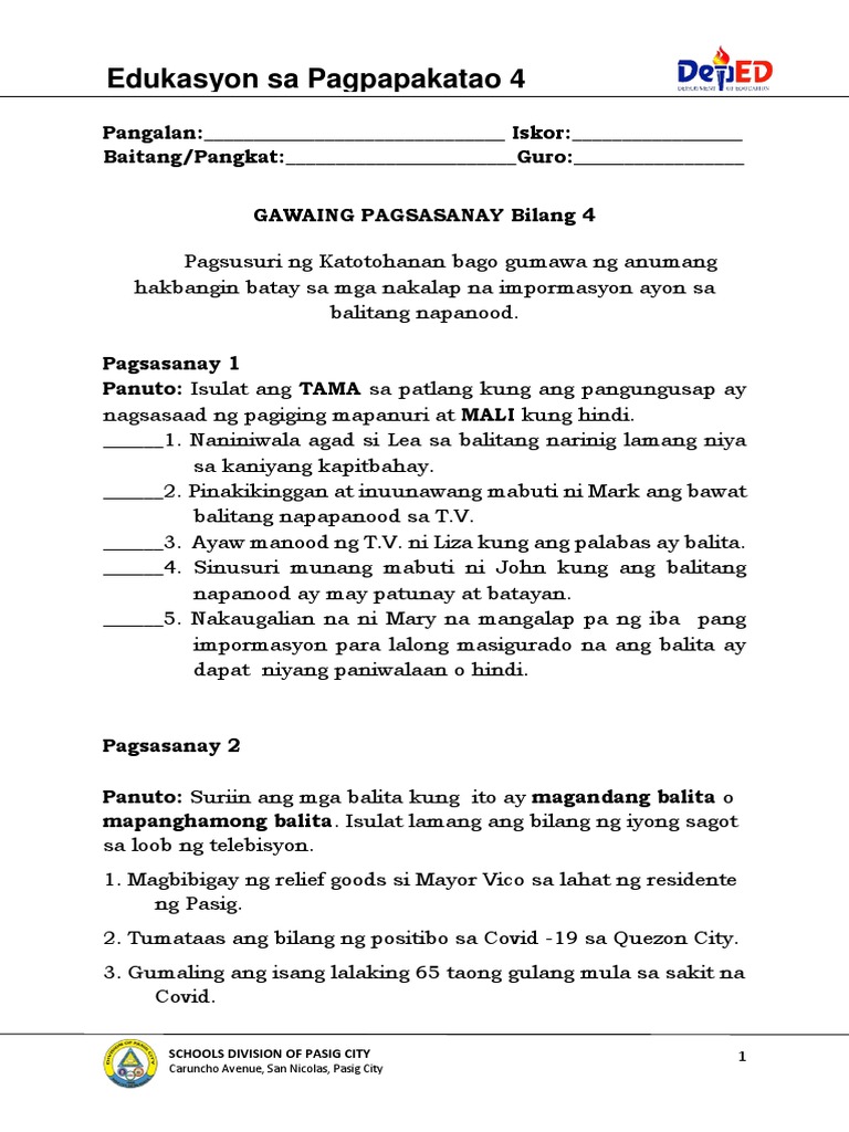 EsP 4 Q1 G.Pagsasanay 4 | PDF