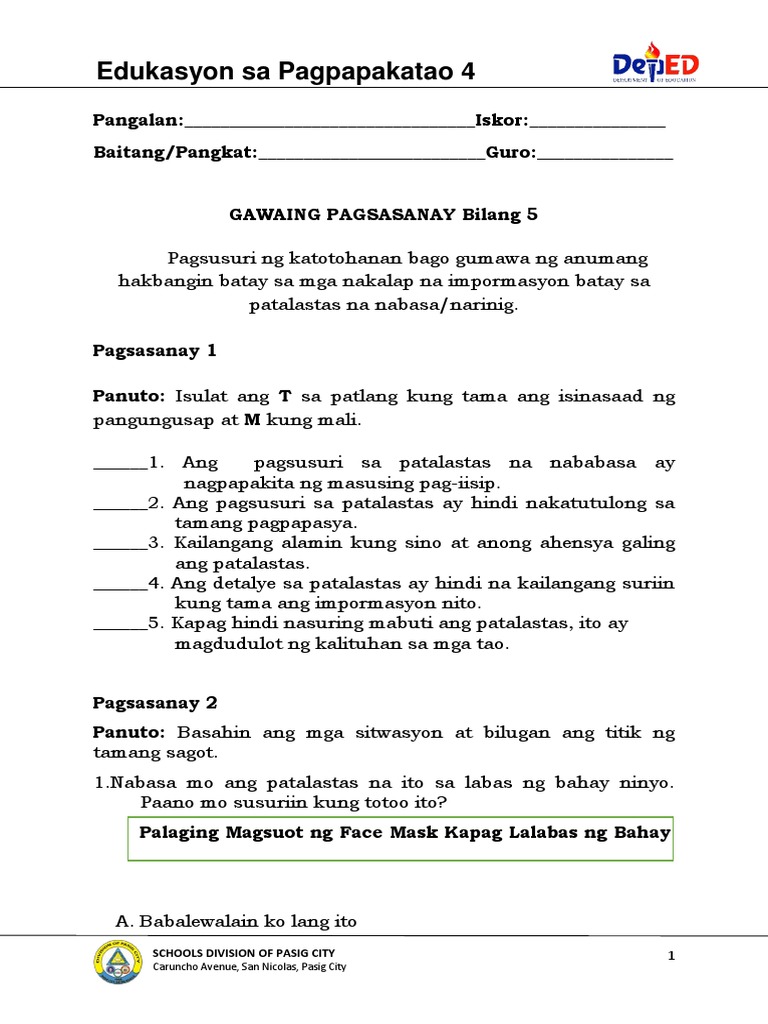 EsP 4 Q1 G.Pagsasanay 5 | PDF