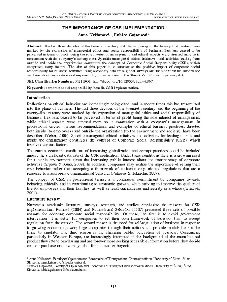 The Importance of CSR Implementation | PDF | Corporate Social ...