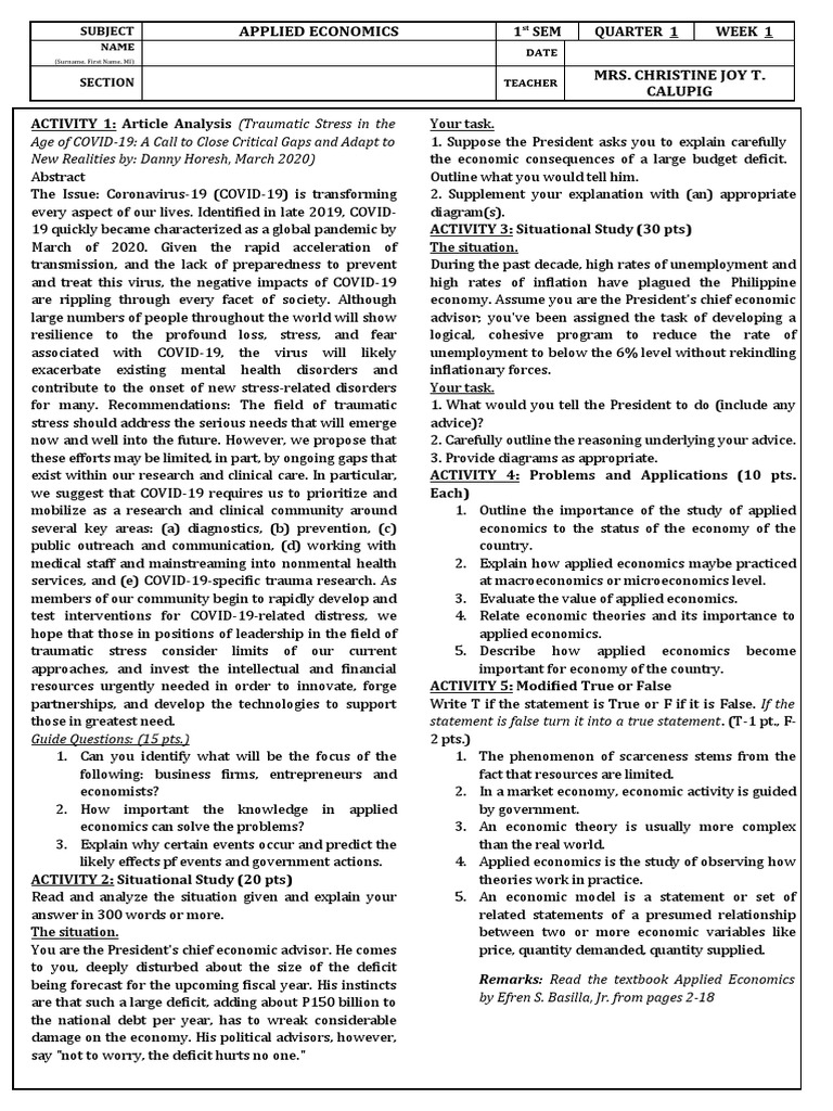 Applied Economics-Worksheet-Week 1 | PDF | Deficit Spending | Economics