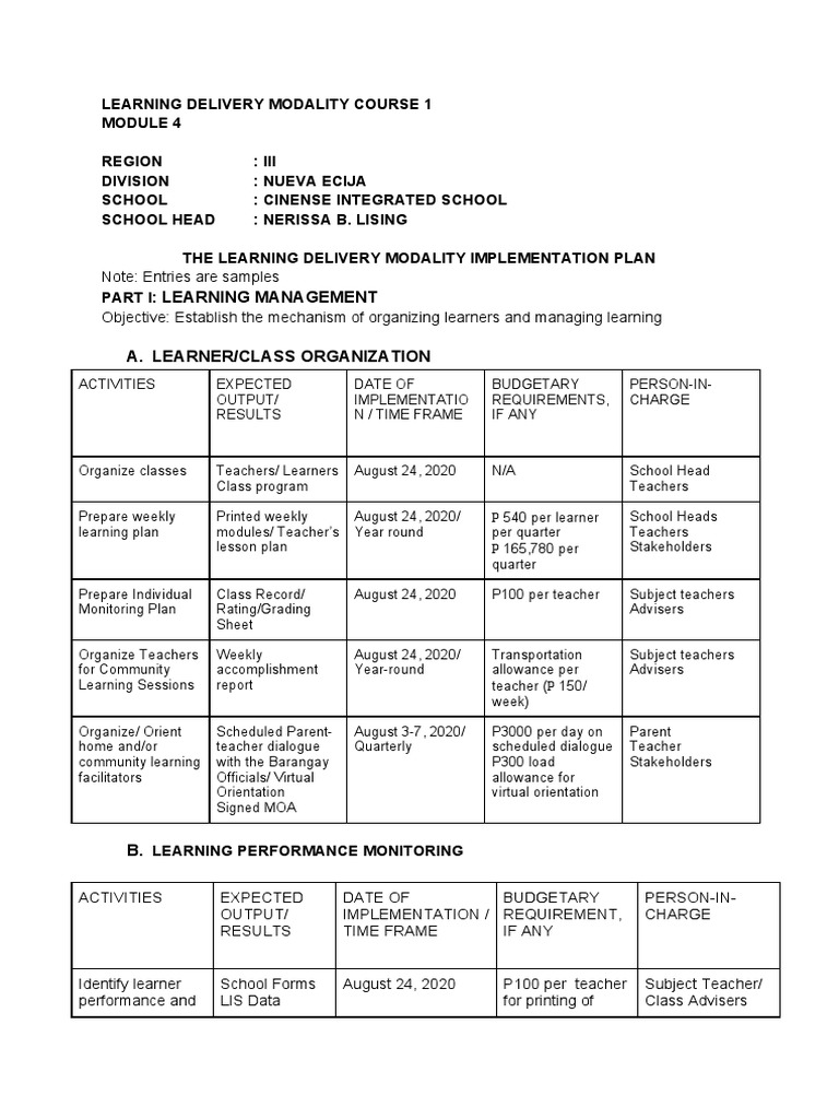 LDM1 Module 4 Implementation Plan Template | PDF | Learning | Teachers