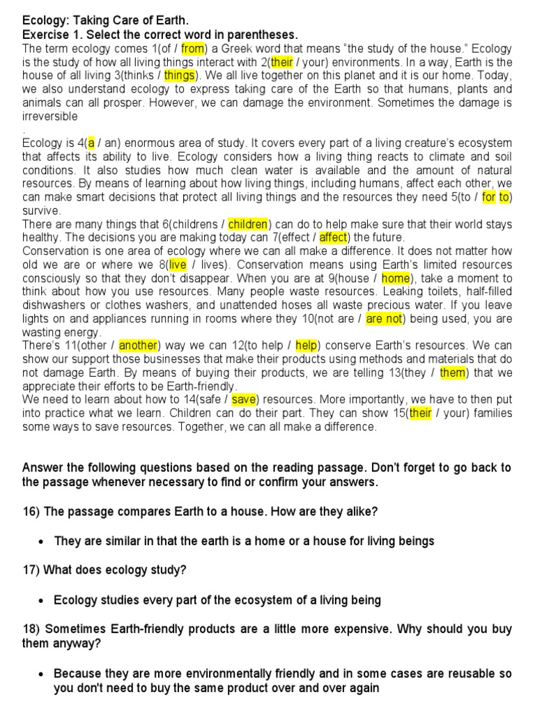 Ecology Reading Comprehension | PDF | Resource | Ecology