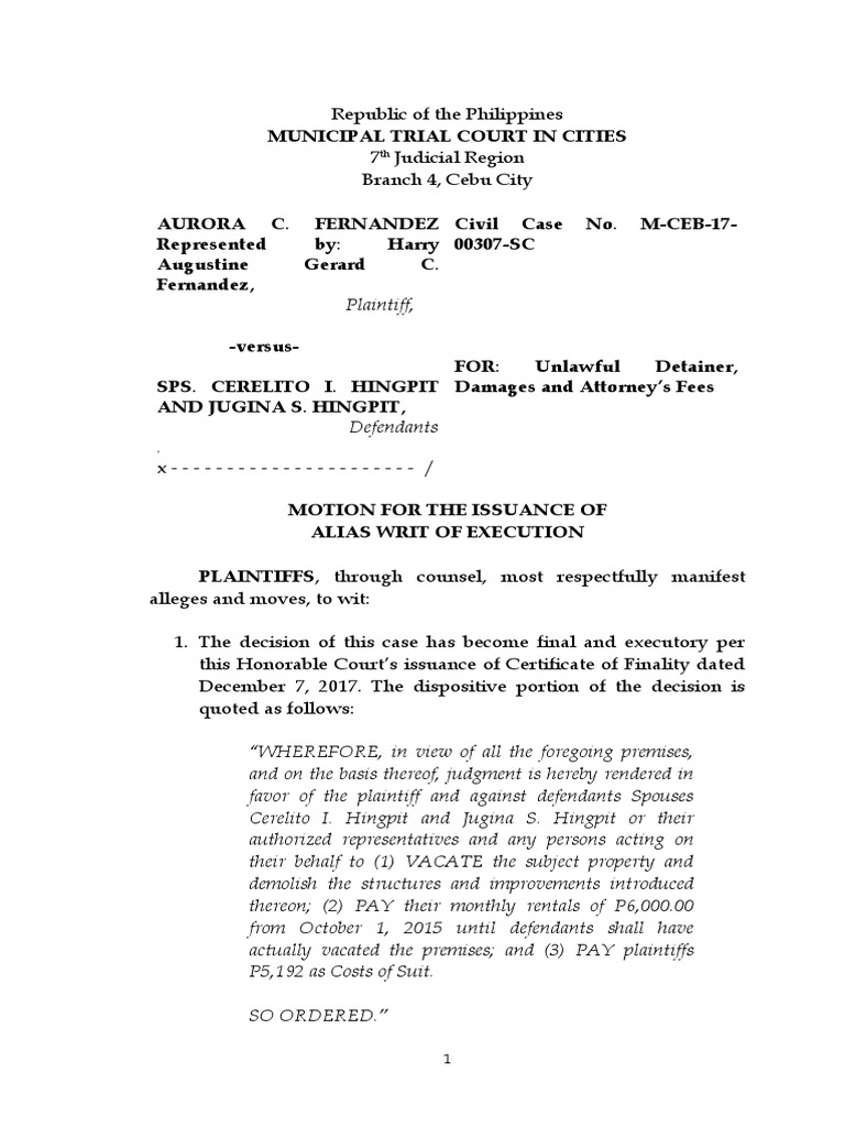 Motion For Issuance of Alias Writ of Execution | PDF | Lawsuit | Separation Of Powers