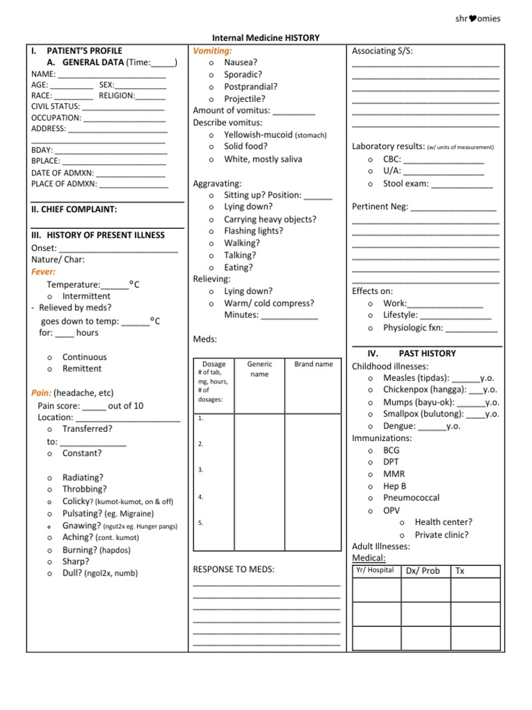 Vomiting:: Internal Medicine HISTORY I. Patient'S Profile A. GENERAL ...