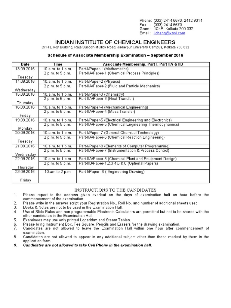 Indian Institute of Chemical Engineers: Schedule of Associate ...
