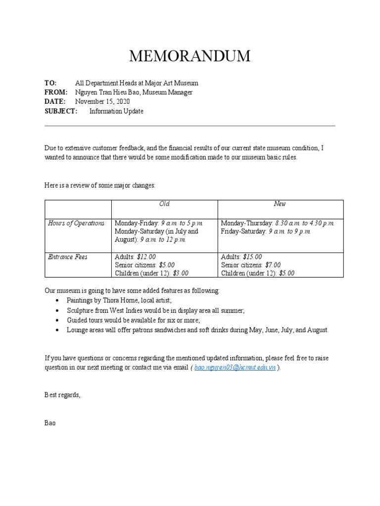 Memorandum: TO: FROM: Nguyen Tran Hieu Bao, Museum Manager Date ...
