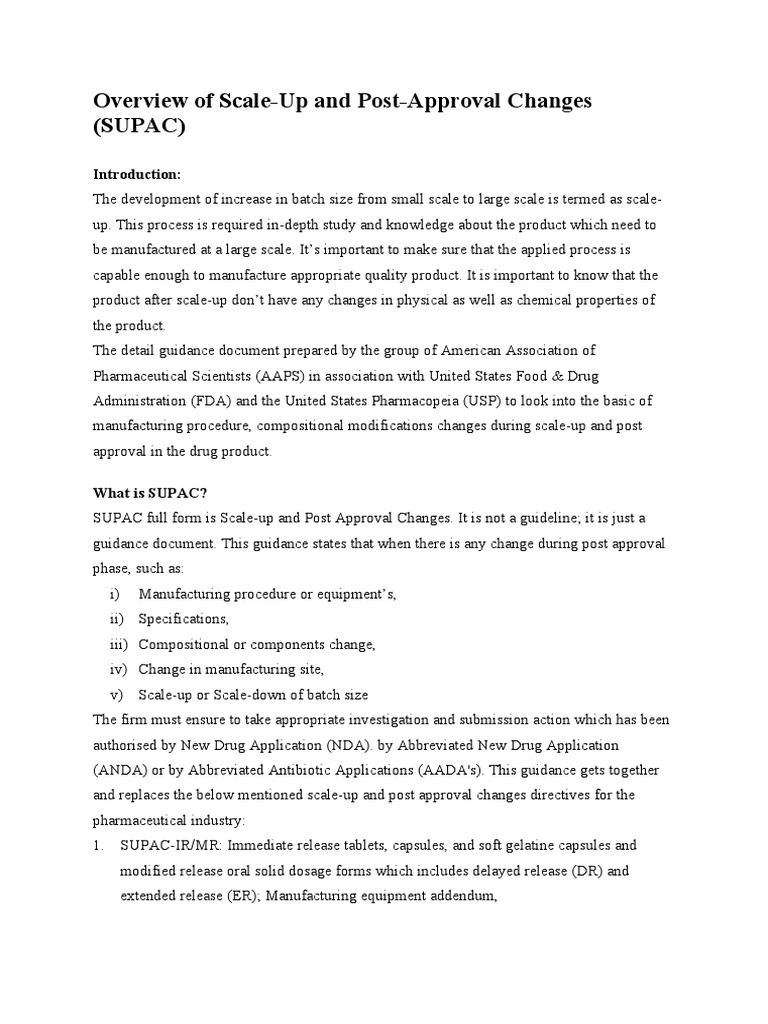 Overview of Scale-Up and Post-Approval Changes (SUPAC) | PDF | Food And ...