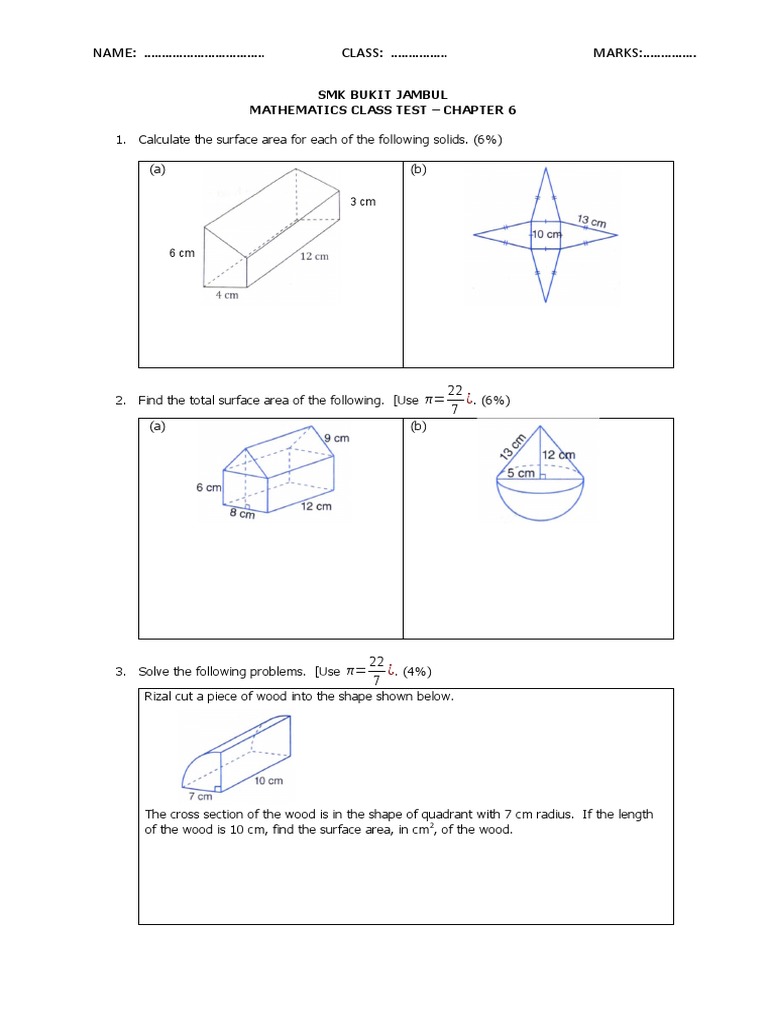 Quiz Surface Area and Distance Between Two Points | PDF