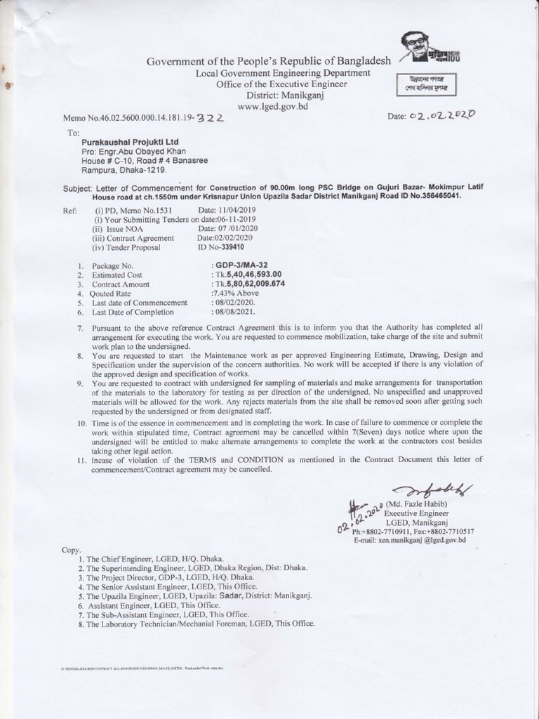Letter of Commencement for the Construction of a 90 Meter Long Bridge ...