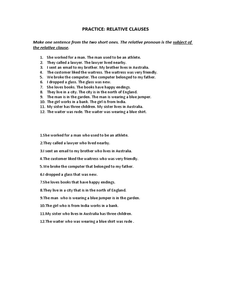 Relative Clauses - Worksheet | Download Free PDF | Waiting Staff ...