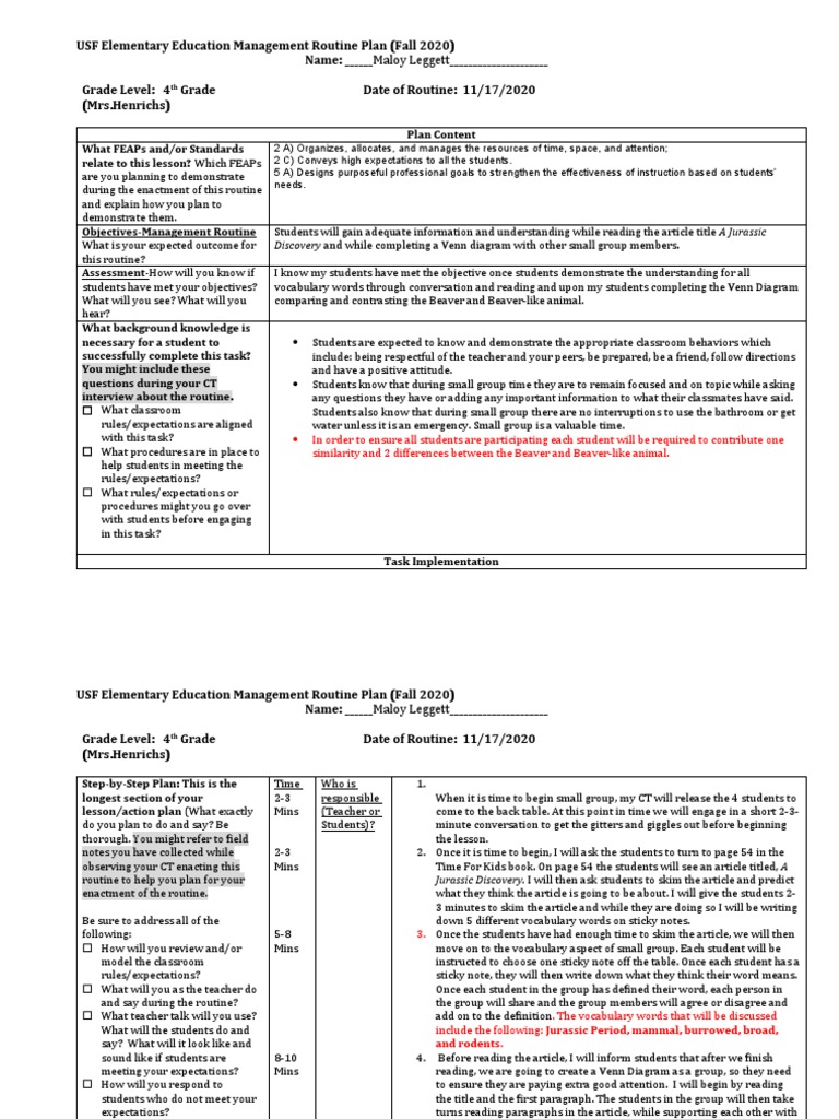Usf l1 Management Routine Plan - CT Plan | PDF | Classroom | Vocabulary