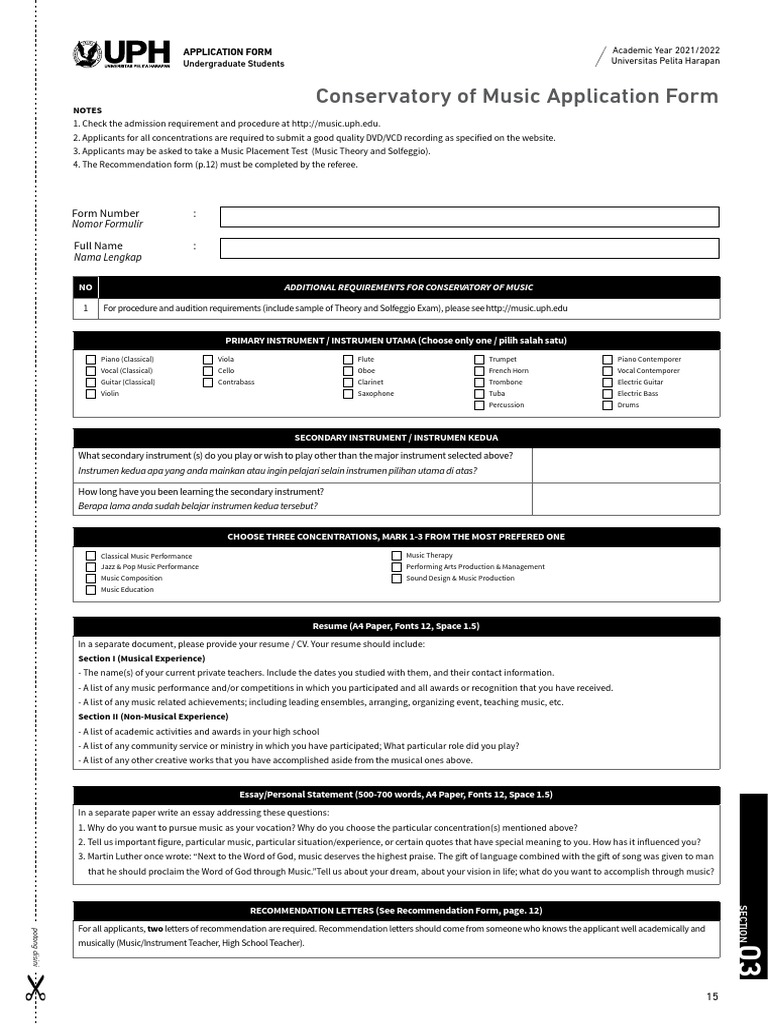 UPH Conservatory Music Application Form | PDF | Musical Instruments ...