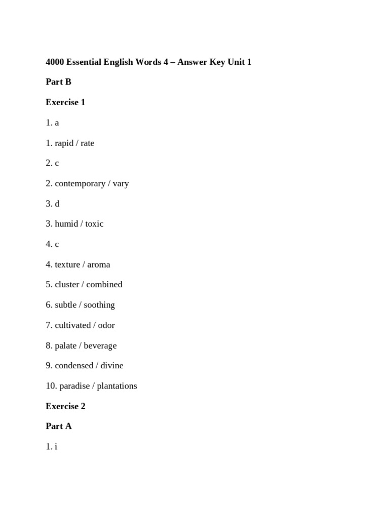 4000 Essential English Words 4 - Answer Key Unit 1 Part B Exercise 1 ...