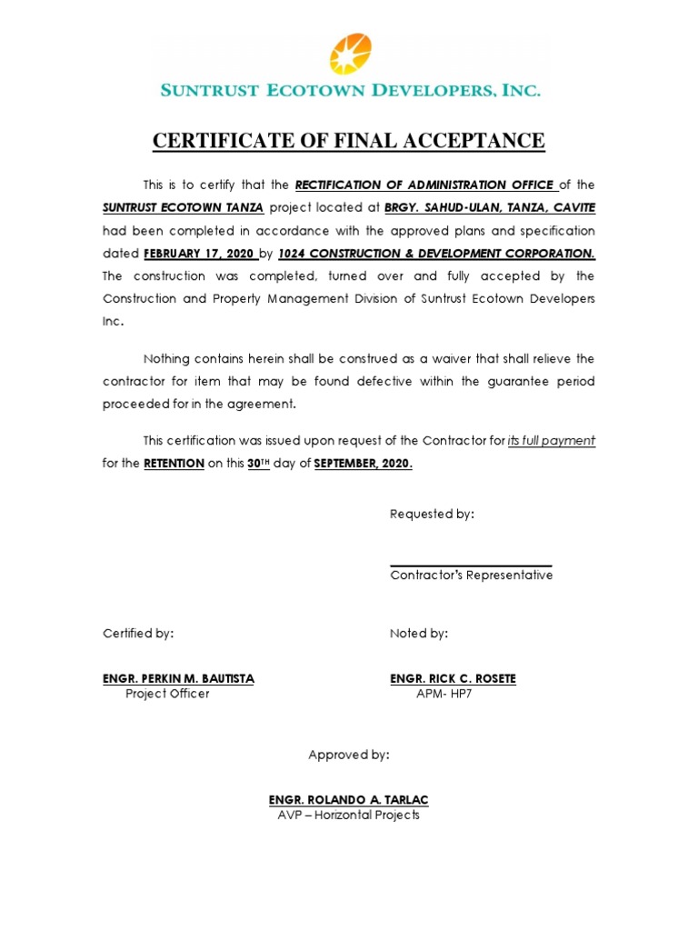 Certificate of Final Acceptance - 1024 Admin | PDF