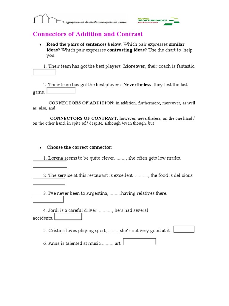 Addition and Contrast Connectors Exercises | PDF